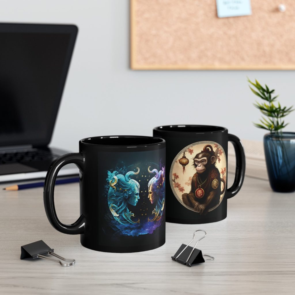 Black Gemini Monkey Mug - Zodiac Fusion