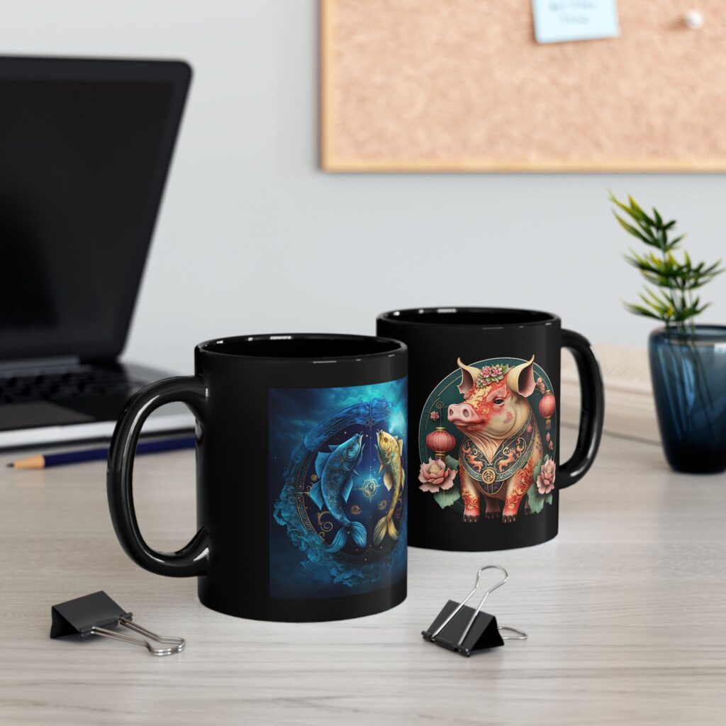 Black Pisces Pig Mug - Zodiac Fusion